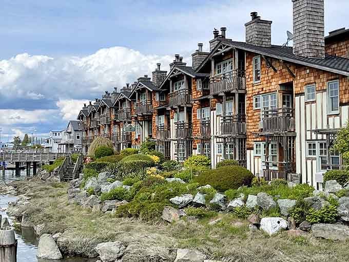 Weathered pilings march into clear water like sentries guarding these charming waterfront homes and their spectacular views.