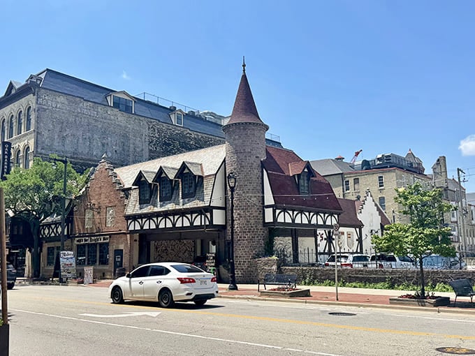 Sunshine highlights the fairy tale facade of Mader's, where schnitzel dreams and beer fantasies come true in castle-like surroundings.