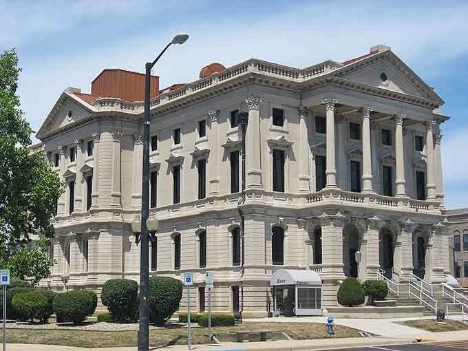 Marion's stately courthouse columns rise like something from a Frank Capra film, all American pride and architectural grace.