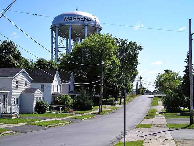 That distinctive water tower rises above modest homes, standing guard like a friendly giant over the neighborhood below.