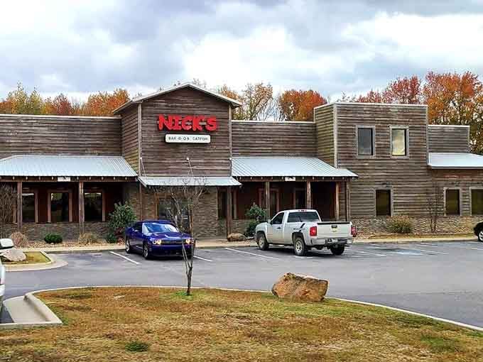 Fall colors frame Nick's Bar-B-Q & Catfish - nature's way of highlighting a local treasure.