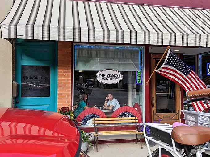 The cozy window seating at Pie Zanos &ndash; where you can people-watch Main Street while debating whether to order dessert. (Spoiler: always order dessert.)