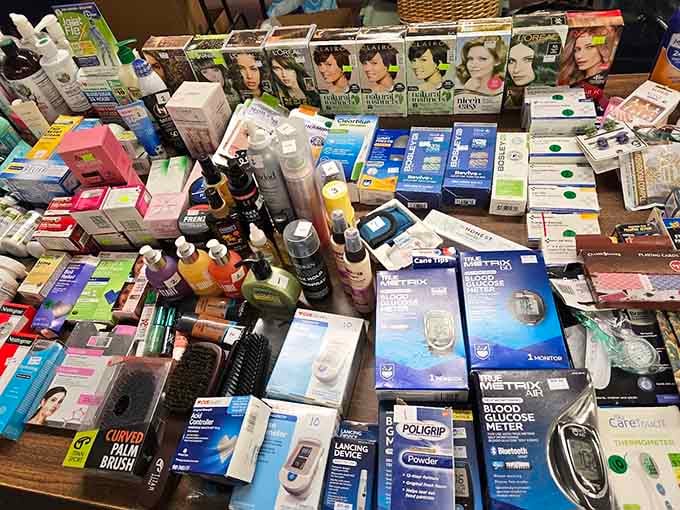 Health and beauty products crowd the table like a pharmacy exploded in the best possible way.