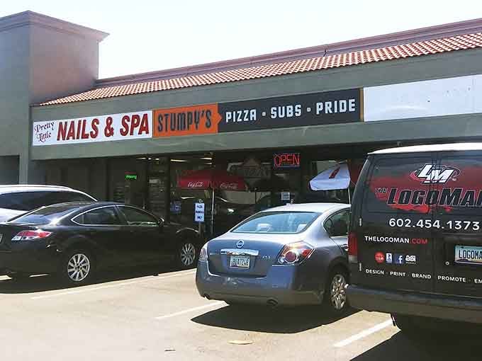 Tucked between everyday businesses, Stumpy's Pizza & Subs proves great food doesn't need fancy surroundings—just perfect recipes and loyal customers.