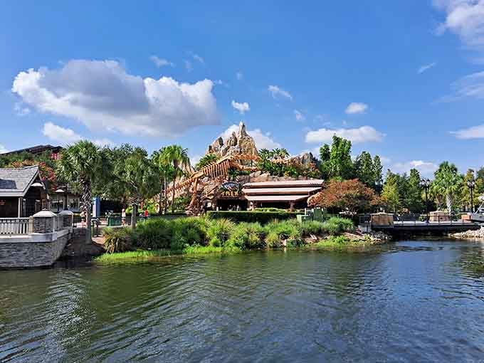 The lush tropical setting around this prehistoric entrance proves that even dinosaurs appreciated waterfront dining with style.