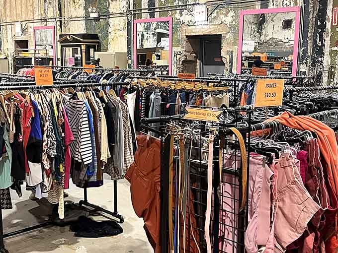 Industrial-chic meets treasure hunt in this artfully weathered space where pink signs guide you to pants paradise.