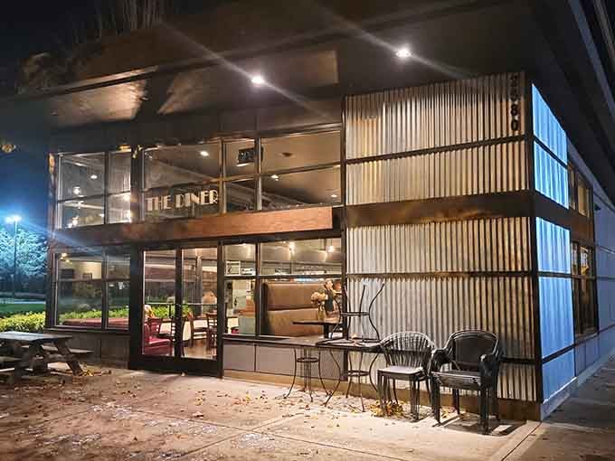 Evening glow transforms this modern diner into something magical, where corrugated metal meets warm, welcoming comfort food.