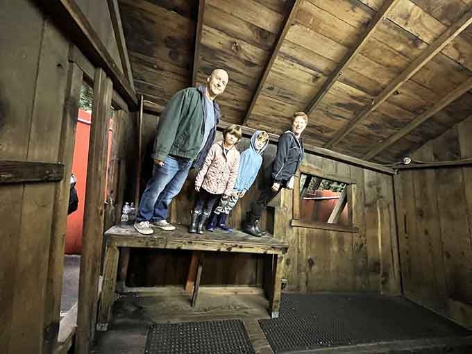 Inside the Mystery Spot, visitors stand on walls that should be floors in rooms that defy logic.
