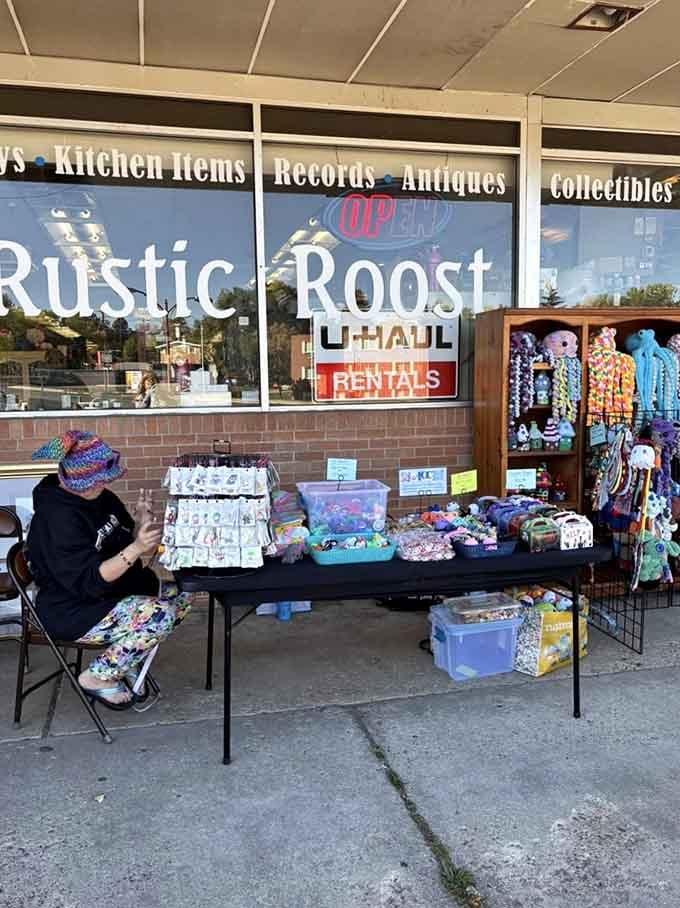 The Rustic Roost's painted signage and outdoor displays hint at the handcrafted treasures waiting beyond those doors.