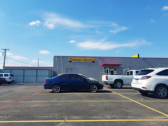 The sprawling parking lot and modern blue facade signal serious square footage dedicated entirely to secondhand treasures.