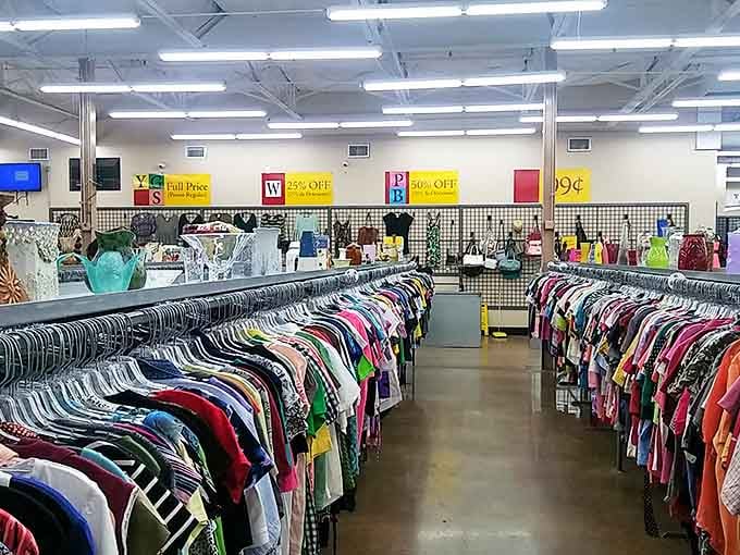 Inside, those endless racks stretch like a rainbow of possibilities, each hanger holding someone's future favorite find.