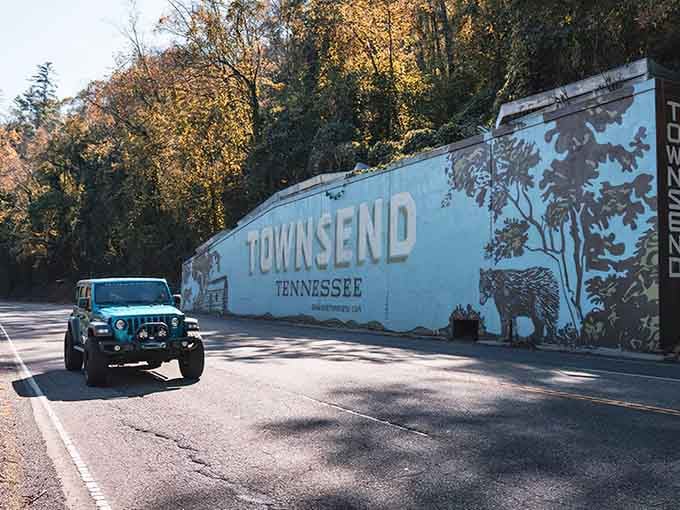 The iconic Townsend welcome mural greets visitors entering this gateway to the Smokies, where nature sets the pace.