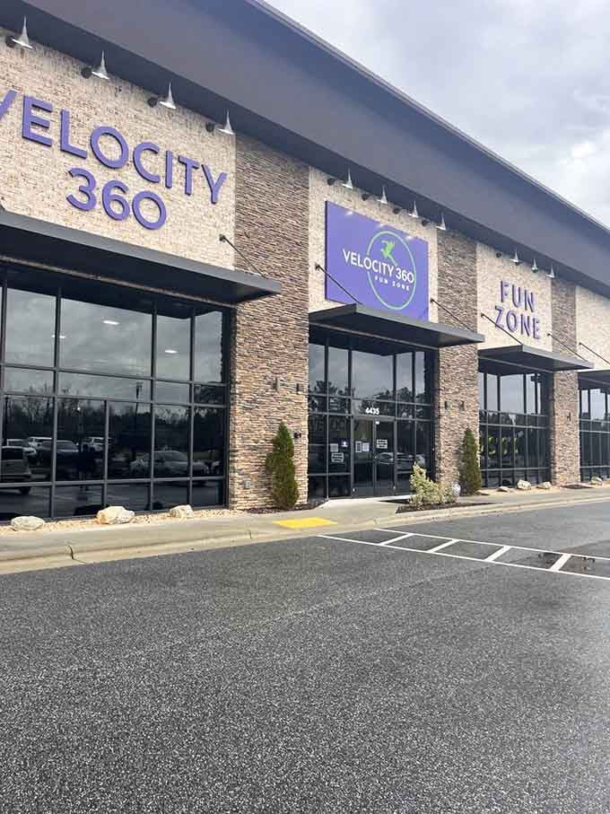 The stone accents and fresh landscaping at Velocity 360 show this place means business when it comes to family fun.