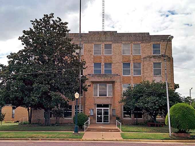 Small-town Oklahoma brick buildings weather beautifully, each crack and weathered spot adding character instead of taking it away.