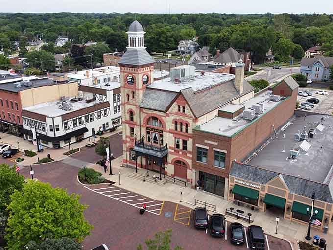 From above, the town square reveals its perfect symmetry, with that gorgeous courthouse anchoring everything like a community's beating heart.