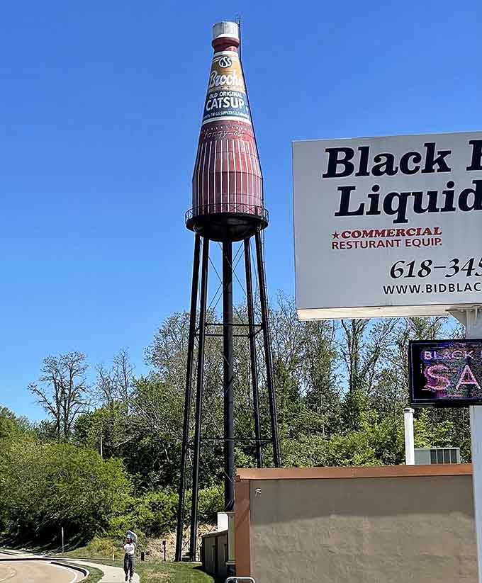 The World's Largest Catsup Bottle stands sentinel over Collinsville, a quirky landmark that's become the town's most recognizable symbol.