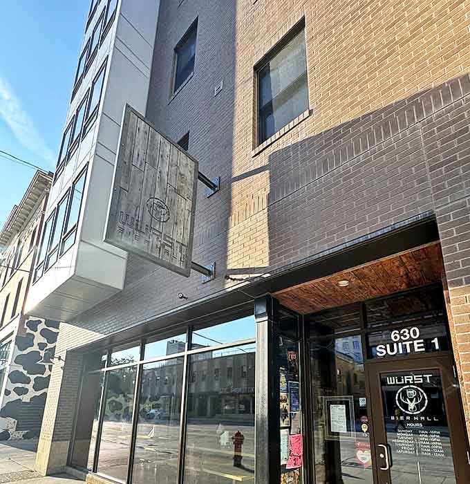 The urban setting and contemporary architecture frame W&uuml;rst Bier Hall as Fargo's answer to European beer gardens.