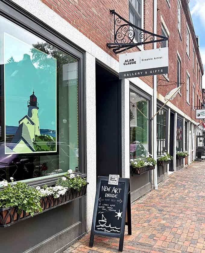 Alan Claude Gallery showcases coastal-inspired artwork behind flower boxes that bloom with Maine's creative spirit and downtown charm.