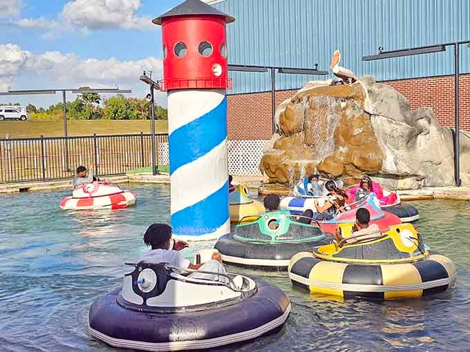 Bumper boats circling a lighthouse, where getting soaked is the whole point and nobody's complaining about wet socks.