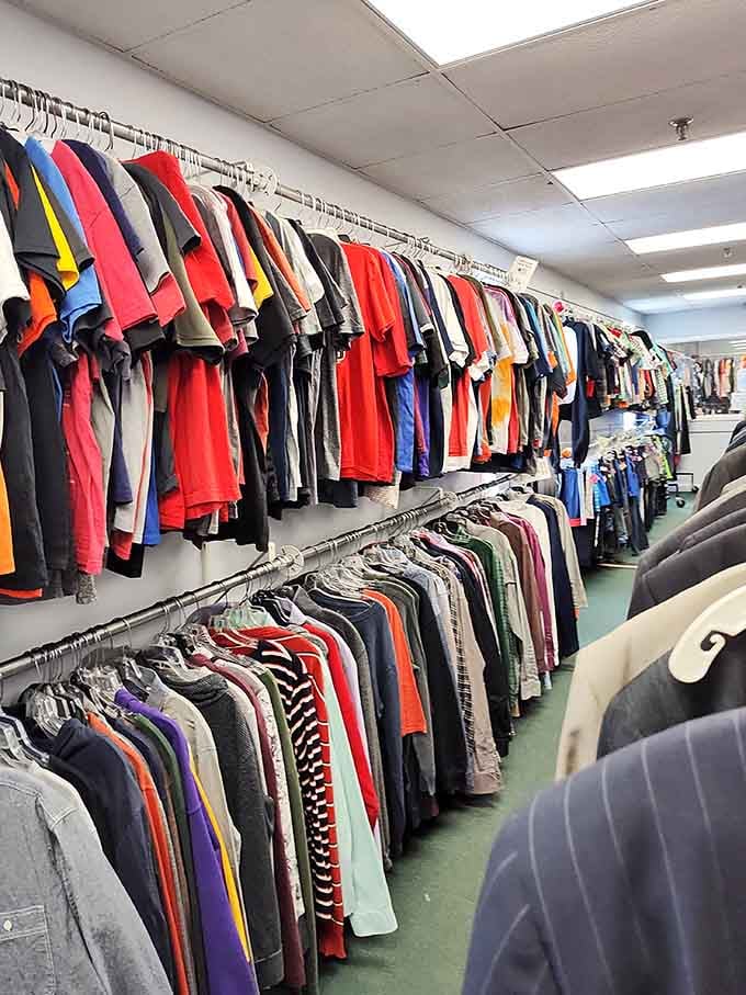 Men's clothing organized by color creates a rainbow effect that makes finding your size surprisingly easy and satisfying.