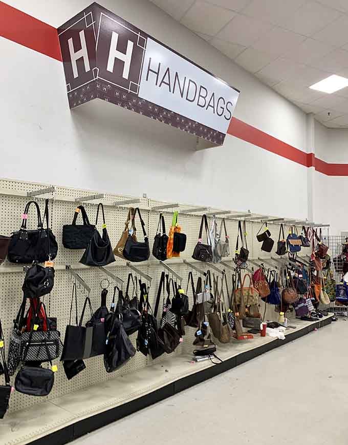 The handbag wall where every purse has a story, and none of them involve maxing out credit cards.