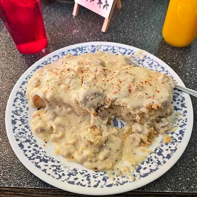 Biscuits and gravy that would make a Southern grandmother nod in approval while secretly asking for the recipe.