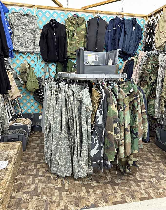 Military gear from various eras stands ready, honoring those who served with authentic uniforms and equipment.