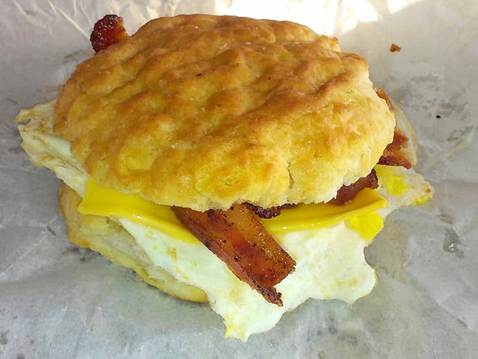 A bacon, egg, and cheese biscuit that makes you question why anyone bothers with fancy brunch spots.