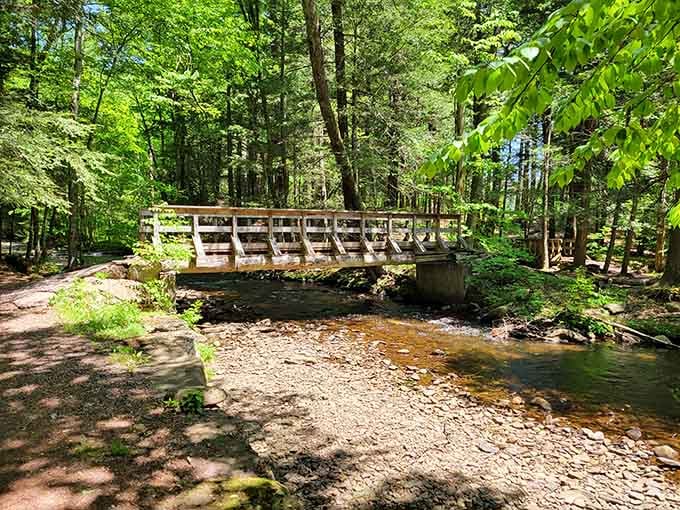 Wooden bridges over Kitchen Creek offer peaceful crossings where the only rush hour involves babbling water below you.