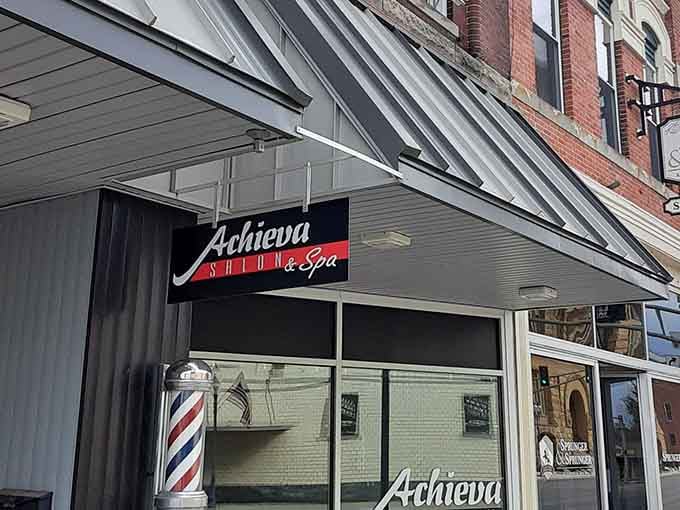 Even the barbershop maintains that classic small-town aesthetic where everyone knows your usual haircut style.