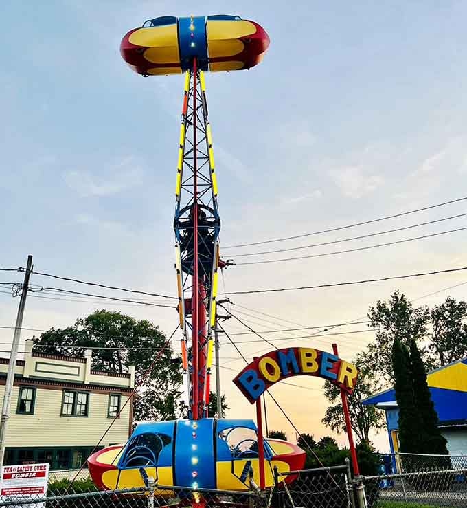 The Bomber ride reaches skyward like a retro rocket ship, offering that perfect combination of height, speed, and "why did I eat before this?"