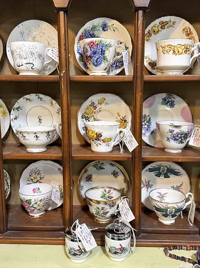 These delicate teacups and saucers represent afternoon tea elegance from eras when sipping required proper etiquette and pinky placement.