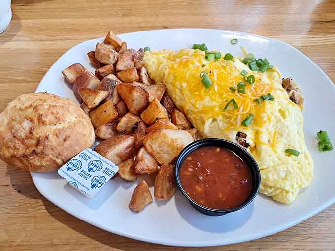 Fluffy scrambled eggs, crispy home fries, and a biscuit that could make your grandmother weep with joy.