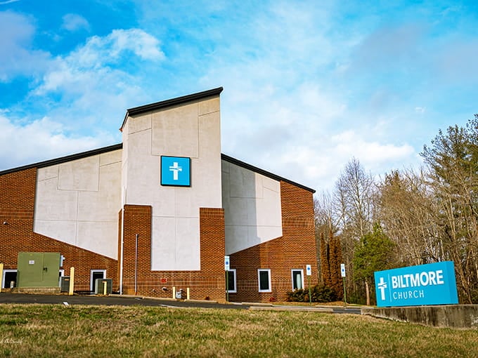 Modern church architecture meets mountain community values, proving that contemporary design can coexist peacefully with traditional Southern hospitality.