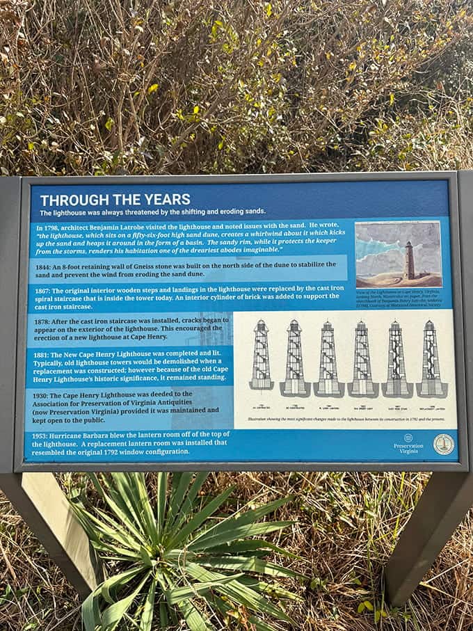 Historical markers like this remind us that every crack and repair tells a chapter in this lighthouse's remarkable survival story.