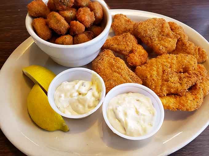 Golden-fried catfish that crunches with each bite, served with tater tots that would make Napoleon Dynamite weep with joy.