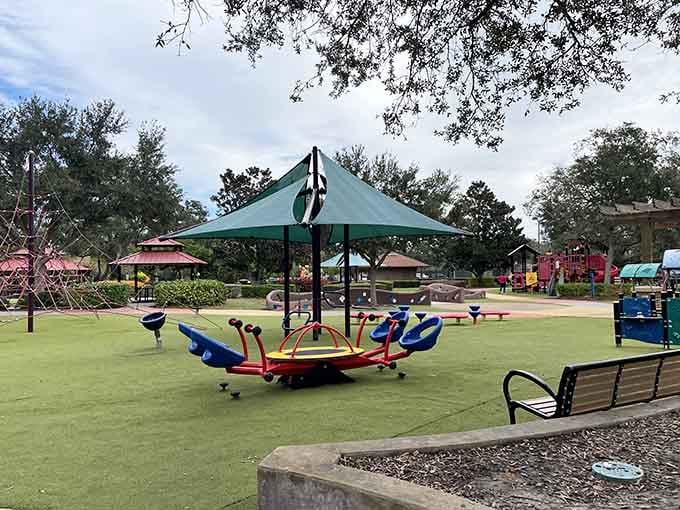 This rainbow-colored merry-go-round spins joy in every direction, accommodating multiple kids at once for maximum fun.