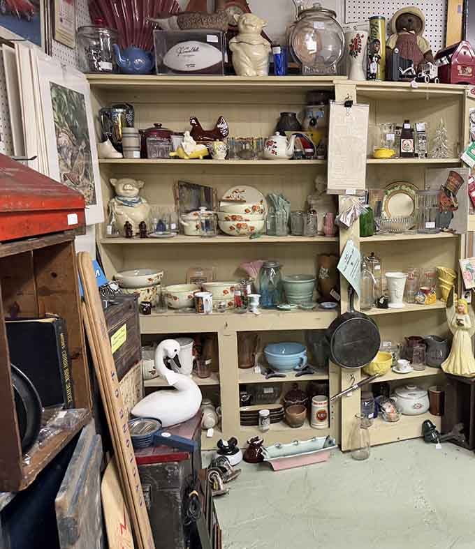 This eclectic shelf arrangement looks like your grandmother's attic exploded in the best possible way, organized chaos at its finest.