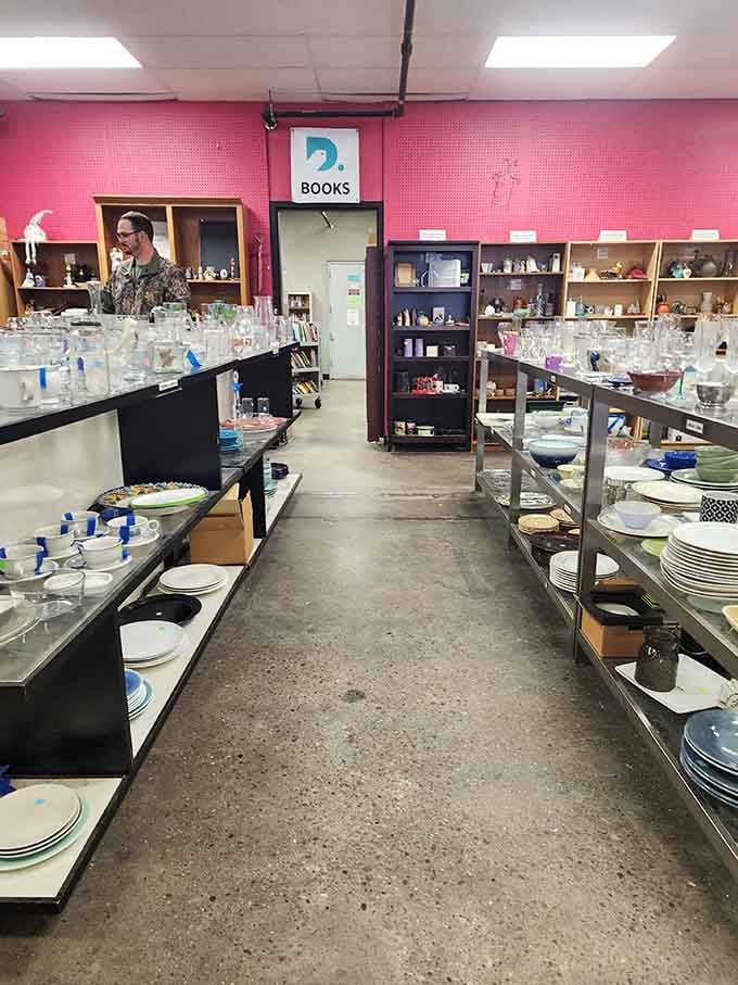 Glassware and dinnerware stretch endlessly down pink-walled aisles, ready to outfit your next dinner party on pennies.