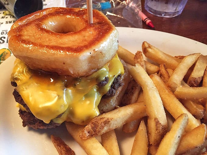 The donut burger defies conventional sandwich logic in the most delicious way possible. A glazed donut embracing a juicy patty and melted cheese&mdash;diet books weep in the corner.