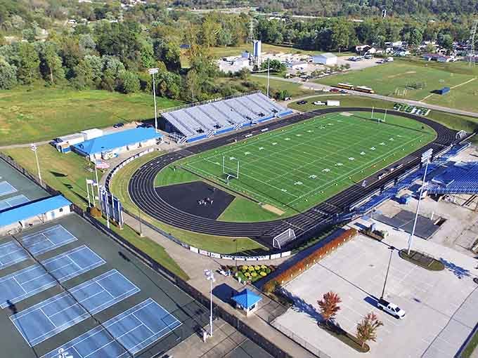 Friday night lights shine bright at this immaculate athletic complex. Small-town football doesn't get more picture-perfect than this blue-and-white shrine to hometown pride.