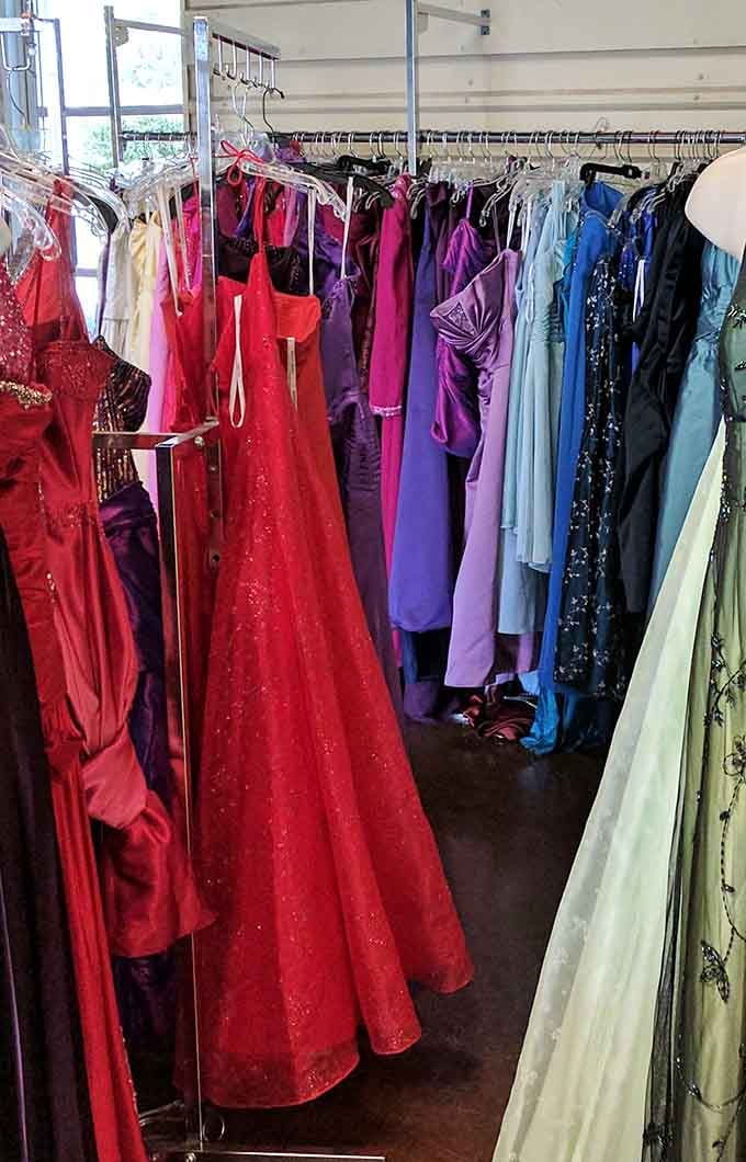 Prom dreams and wedding memories hang side by side in a rainbow of formal wear. That red number is practically begging for a night out!