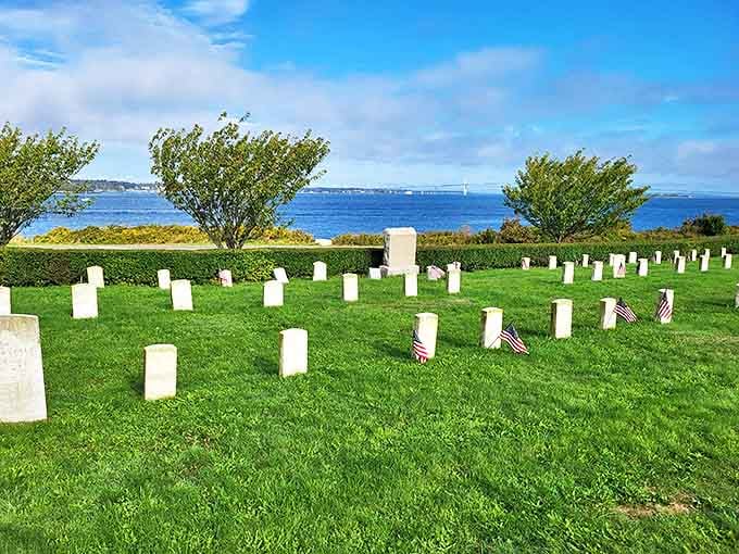 The fort's cemetery offers a peaceful resting place with perhaps the best waterfront views in Newport. Real estate with eternal ocean vistas.