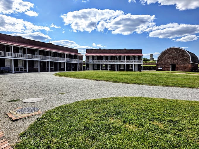 The parade ground where soldiers once drilled now hosts families and picnickers, a much more peaceful use of space.