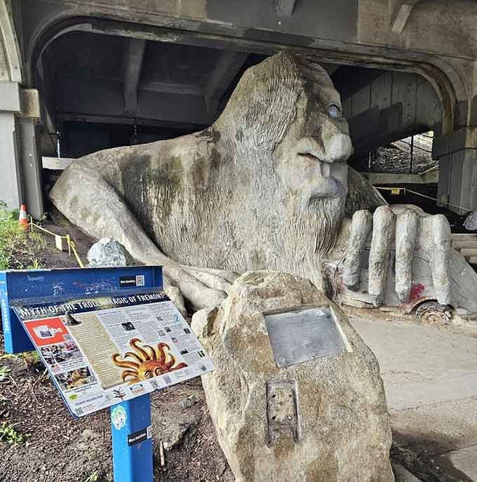 The informational plaque explains the troll's origin story, because every good monster needs proper documentation.