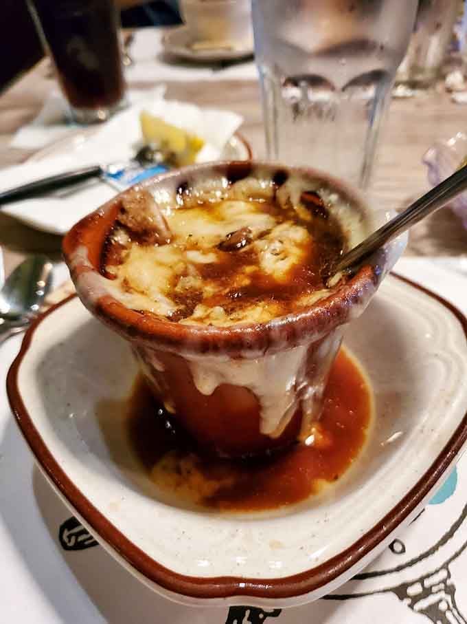 French onion soup that's having an identity crisis as a lava flow&mdash;bubbling cheese threatening to erupt with every delicious spoonful.