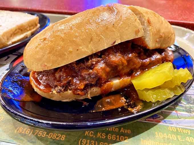 Burnt ends piled high on a bun with pickles: this is what sandwich dreams are made of.