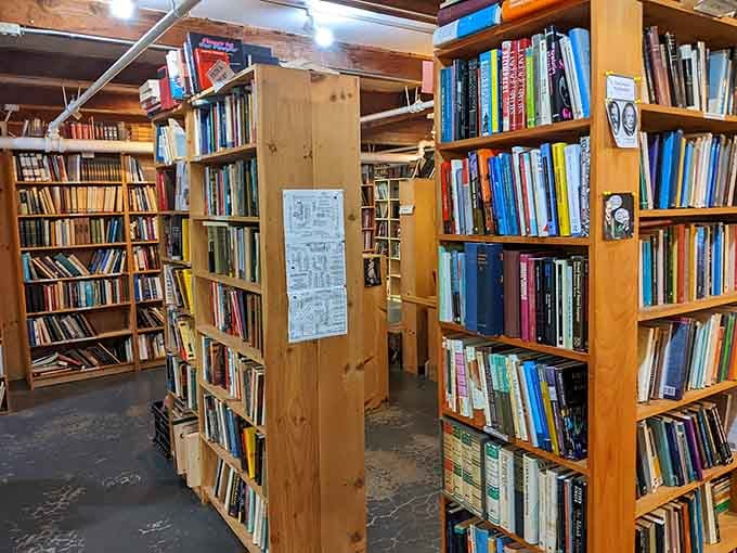 Narrow aisles between towering bookcases make browsing feel like an adventure through a paper jungle of knowledge.