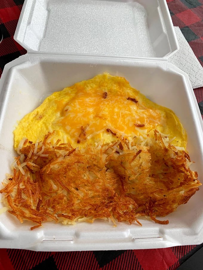 Behold the humble omelet, transformed into a cheese-crowned mountain of breakfast perfection alongside crispy hash browns.