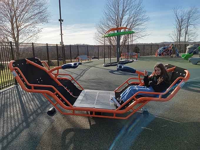 Traditional swings get a modern upgrade with this sleek setup overlooking the peaceful countryside beyond.